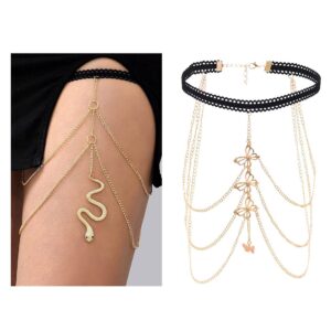 Thigh Jewelry for Women - 2 Pcs Leg Chain Snake Butterfly Boho Women's Body Chains for Teen Girls Layered Beach Body Jewelry for Summer Holiday