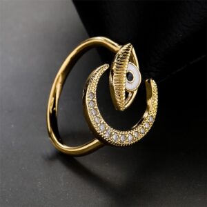 18K Gold Plate Open Ring Moon Star Evil Eye Stainless Steel One Size Adjustable Band Cubic Zircon Ring Jewelry (Moon & Evil Eye)