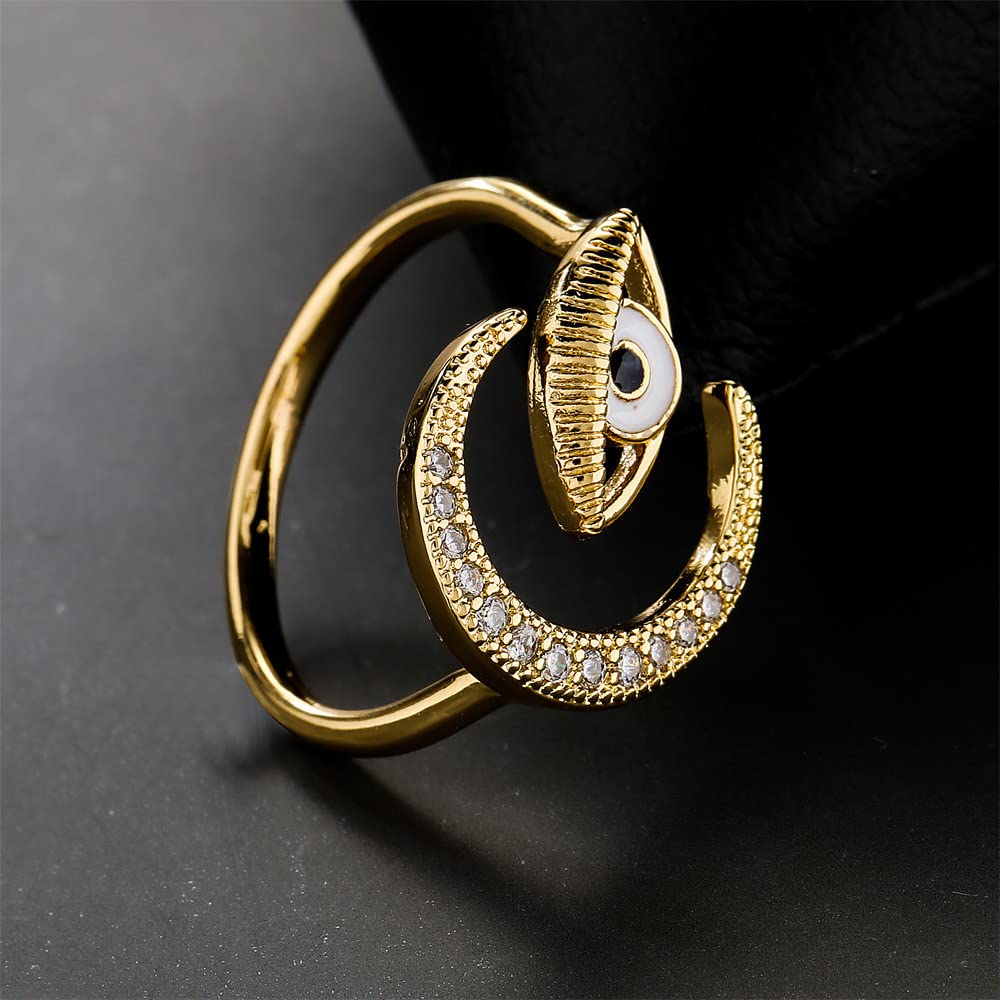 18K Gold Plate Open Ring Moon Star Evil Eye Stainless Steel One Size Adjustable Band Cubic Zircon Ring Jewelry (Moon & Evil Eye)