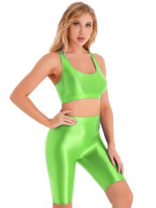 yizyif women glossy 2 piece set yoga crop top shorts set outfits sleeveless tracksuit workout set fluorescent green x-large