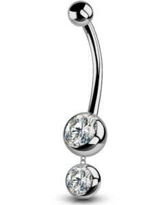 oufer dangle belly button rings, g23 solid titanium belly ring, 14g clear cz long belly piercing jewelry, lead & nickel free navel rings for women men-16mm