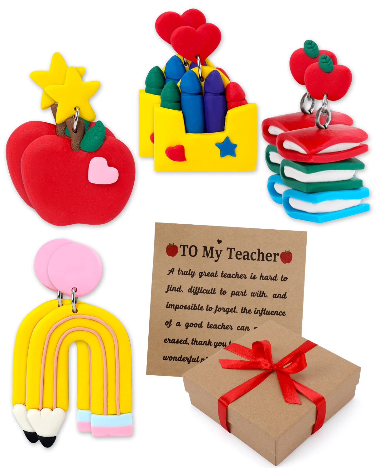 Tuitessine Teacher Polymer Clay Earrings with Appreciation Card Apple Pencil Books Crayons Jewelry for Mrs. Teacher Master Tutor Christmas Holidays Gift Basket Set of 4 Earrings in A Wrapped Box