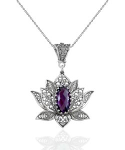 filigranist 925 sterling silver filigree art lotus flower women pendant necklace (amethyst)