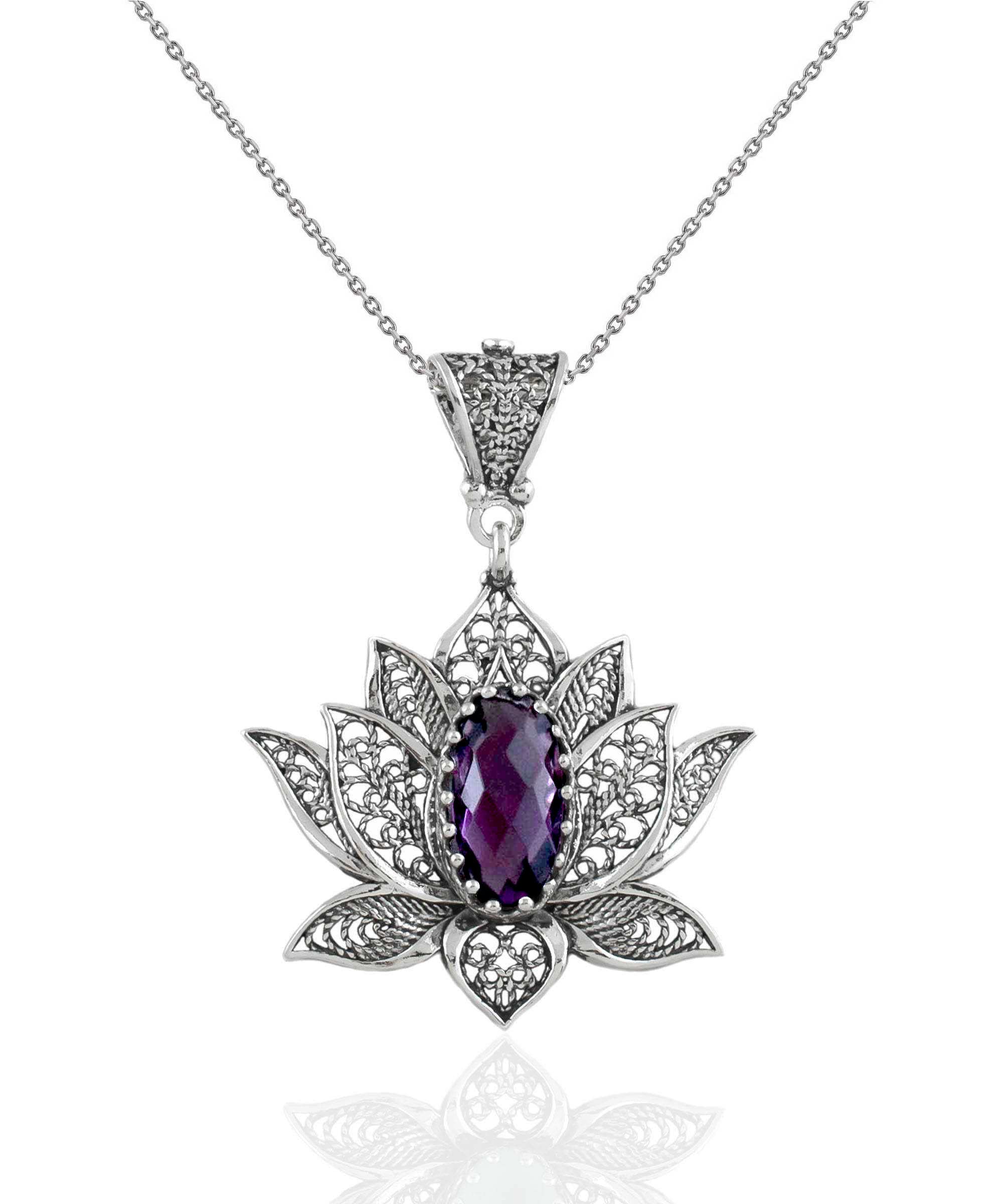 Filigranist 925 Sterling Silver Filigree Art Lotus Flower Women Pendant Necklace (Amethyst)