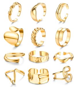 fibo steel 12pcs gold chunky rings for women, 18k gold plated thick rings, stacking open rings set adjustable gold