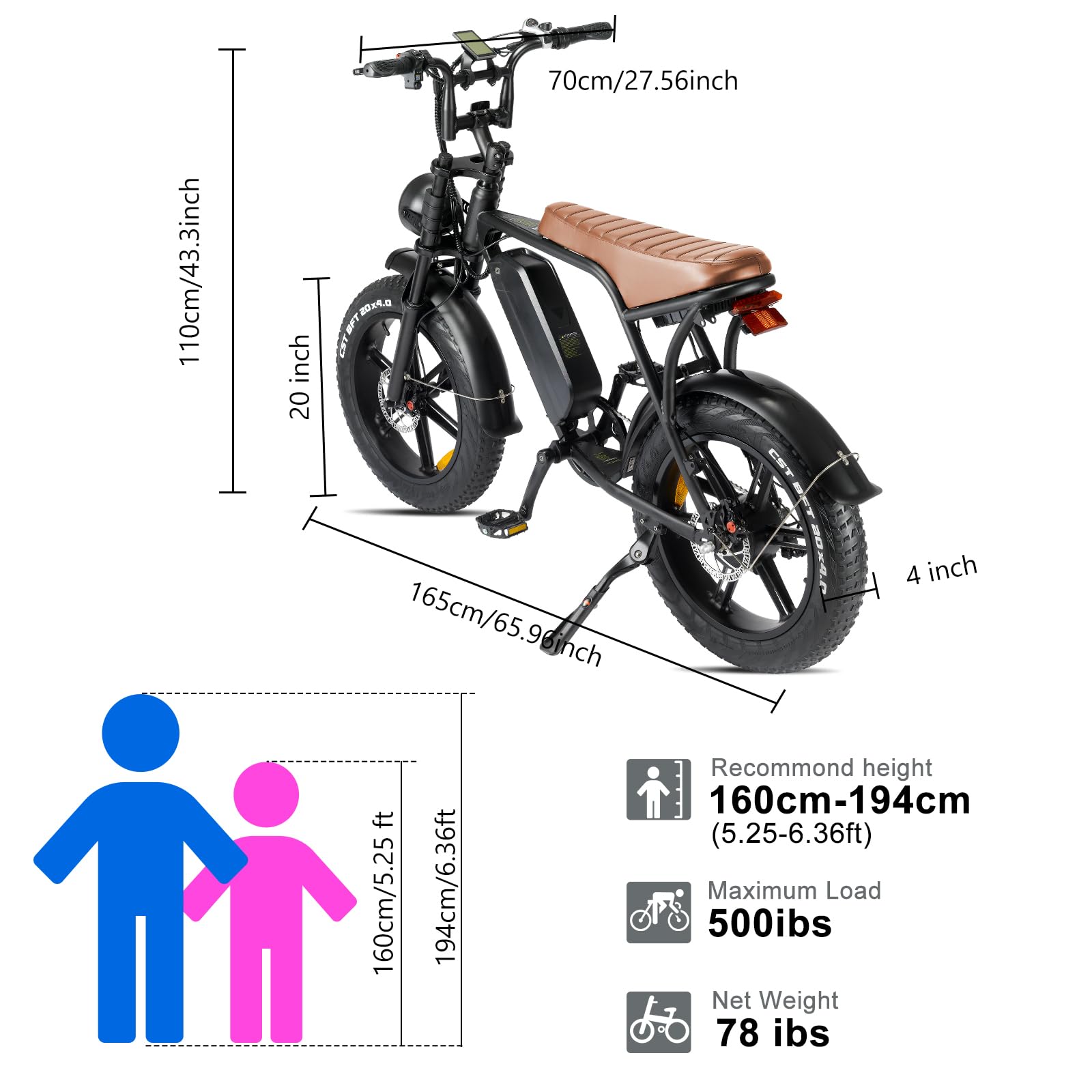 20 inch Electric Bike Adult Electric Bike with 48V 15Ah Removable Battery, Max Speed 28MPH Pedal Snow Bike 20 inch Fat Tire Electric Mountain Bike, Smart Digital Screens,60 Miles Long Range