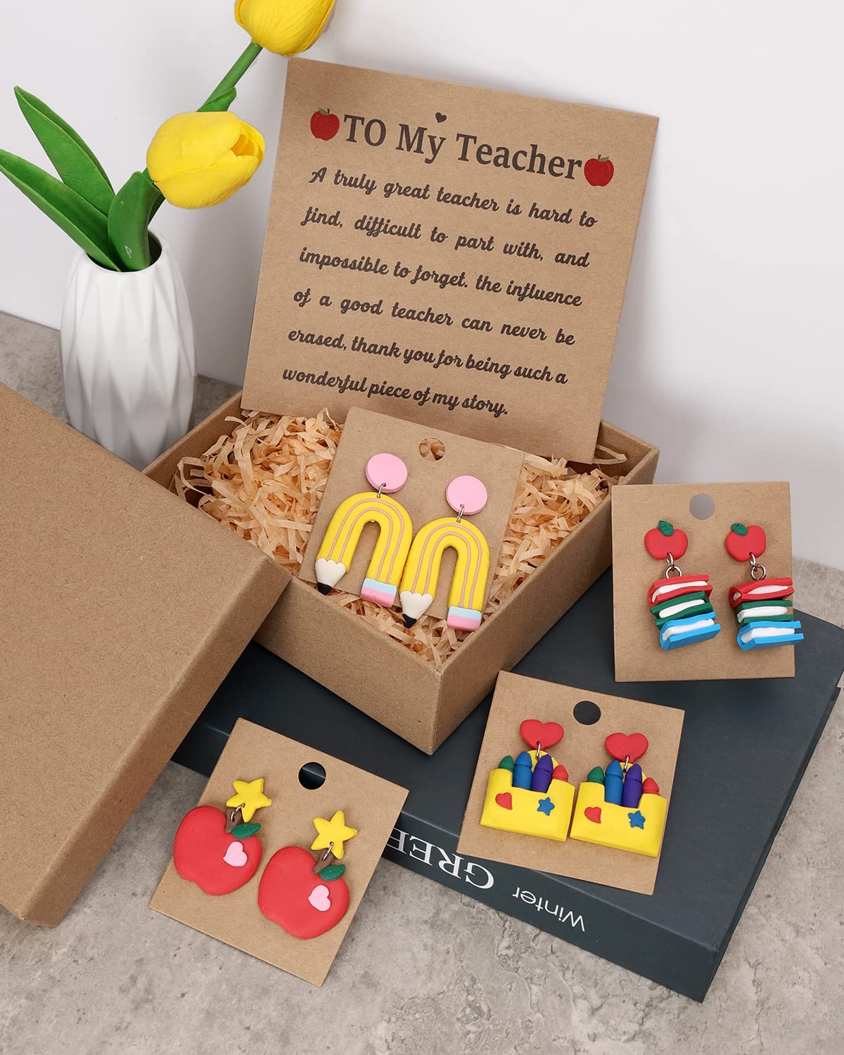 Tuitessine Teacher Polymer Clay Earrings with Appreciation Card Apple Pencil Books Crayons Jewelry for Mrs. Teacher Master Tutor Christmas Holidays Gift Basket Set of 4 Earrings in A Wrapped Box