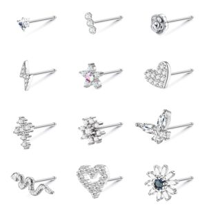 yadoca 12 pcs 20g nose studs surgical steel nose rings studs for women men cz heart butterfly flower snake nose piercing jewelry