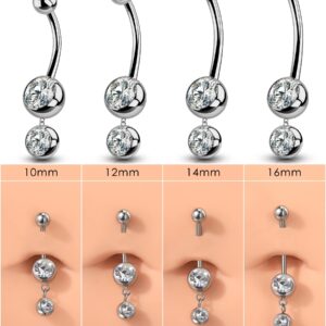 OUFER Dangle Belly Button Rings, G23 Solid Titanium Belly Ring, 14G Clear CZ Long Belly Piercing Jewelry, Lead & Nickel Free Navel Rings for Women Men-16MM