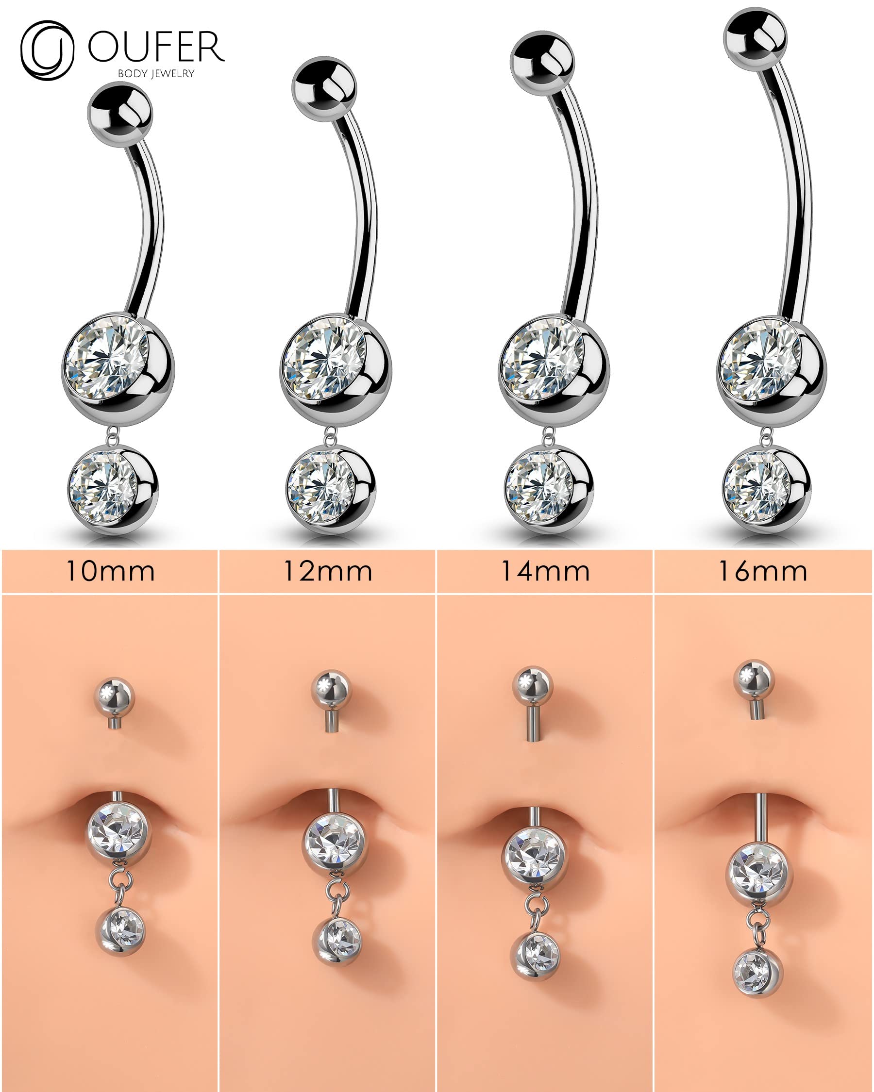 OUFER Dangle Belly Button Rings, G23 Solid Titanium Belly Ring, 14G Clear CZ Long Belly Piercing Jewelry, Lead & Nickel Free Navel Rings for Women Men-16MM