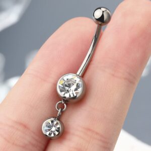 OUFER Dangle Belly Button Rings, G23 Solid Titanium Belly Ring, 14G Clear CZ Long Belly Piercing Jewelry, Lead & Nickel Free Navel Rings for Women Men-16MM