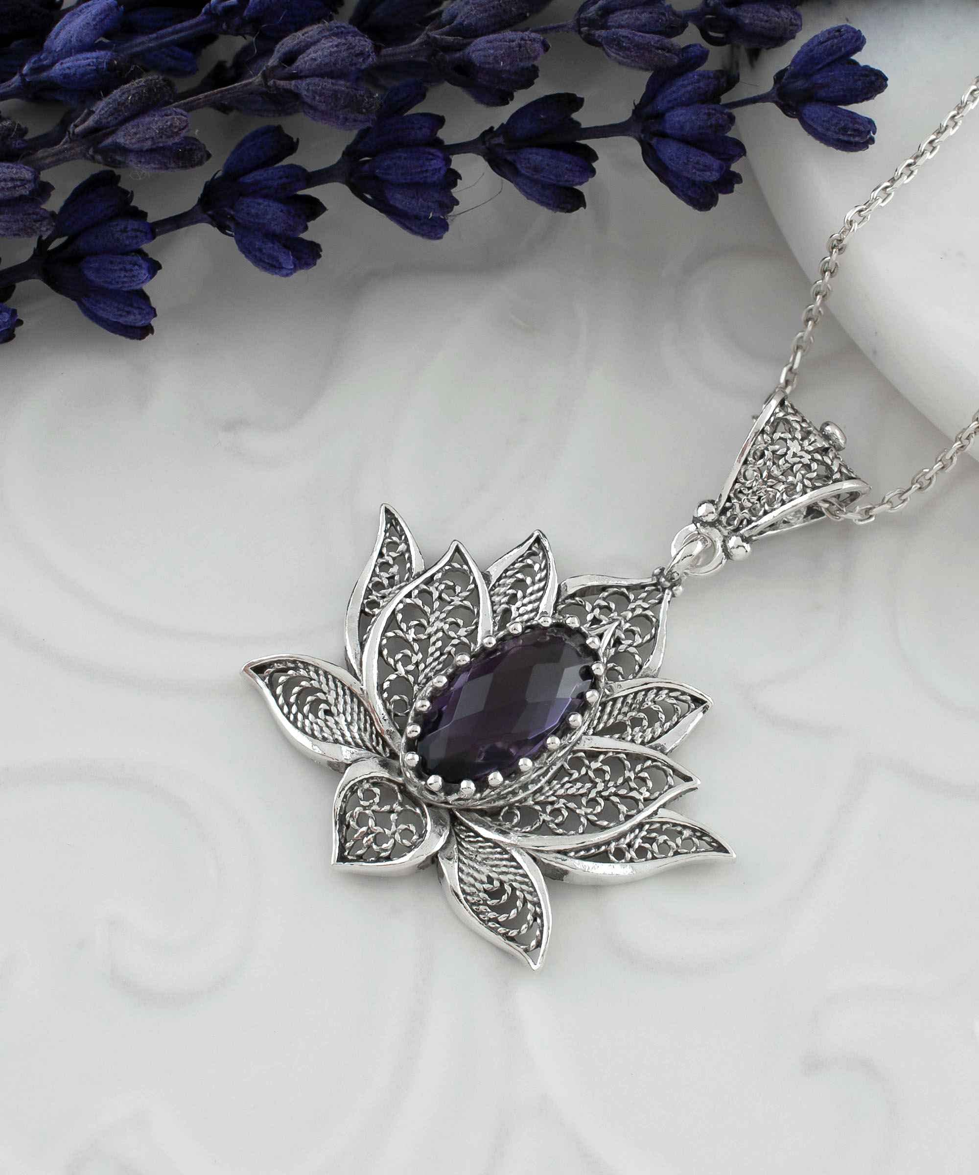 Filigranist 925 Sterling Silver Filigree Art Lotus Flower Women Pendant Necklace (Amethyst)