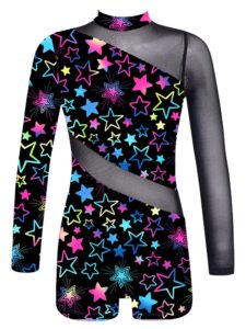 tiaobug kids girls long sleeves colourful print dance leotard gymnastics romper one piece dancewear pink&blue 8 years