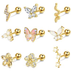 dochais 9pcs cartilage earrings for women stainless steel cartilage butterfly flower star cz opal helix tragus piercing jewelry gold