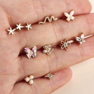 Dochais 9Pcs Cartilage Earrings for Women Stainless Steel Cartilage Butterfly Flower Star CZ Opal Helix Tragus Piercing Jewelry Gold