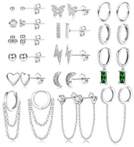 loyallook studs earrings and hoops set for women huggie hoop studs earrings set dainty minimalist moon heart butterfly cz ball small dangle chain hoop earrings set for multiple piercing