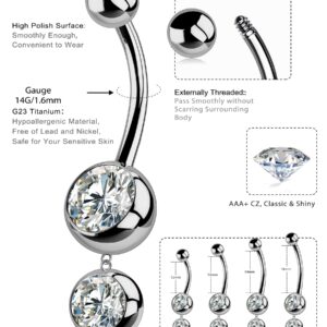 OUFER Dangle Belly Button Rings, G23 Solid Titanium Belly Ring, 14G Clear CZ Long Belly Piercing Jewelry, Lead & Nickel Free Navel Rings for Women Men-16MM