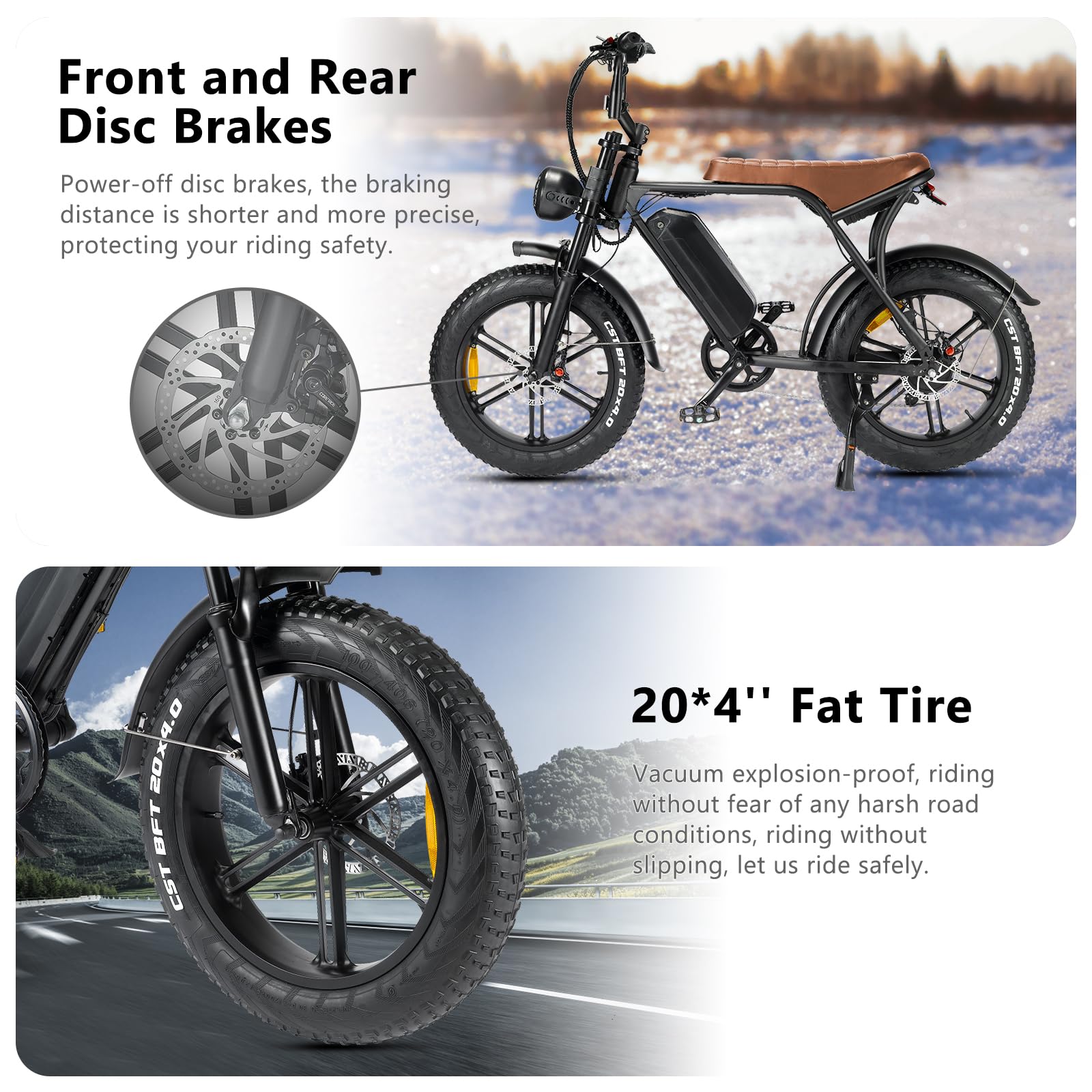 20 inch Electric Bike Adult Electric Bike with 48V 15Ah Removable Battery, Max Speed 28MPH Pedal Snow Bike 20 inch Fat Tire Electric Mountain Bike, Smart Digital Screens,60 Miles Long Range