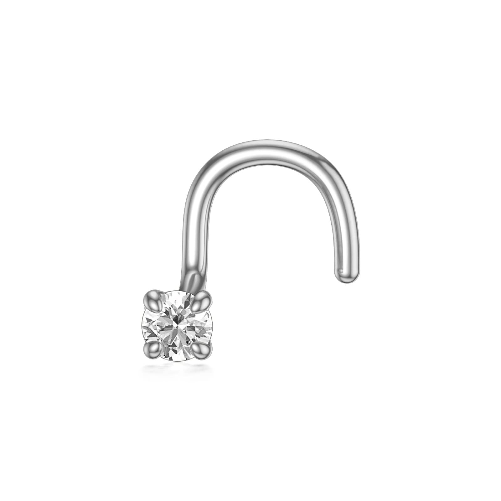 CTIEIP 14K White Gold Plated Diamond Nose Stud for Women 20 Guage 0.06 Carat 2.5MM Diamond Twist Screw Nose Ring Piercing Jewelry