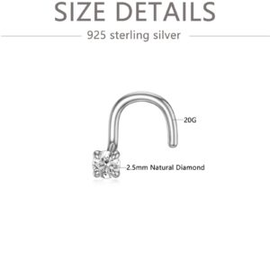 CTIEIP 14K White Gold Plated Diamond Nose Stud for Women 20 Guage 0.06 Carat 2.5MM Diamond Twist Screw Nose Ring Piercing Jewelry