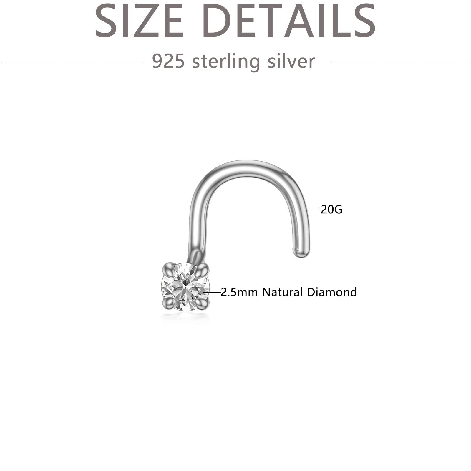 CTIEIP 14K White Gold Plated Diamond Nose Stud for Women 20 Guage 0.06 Carat 2.5MM Diamond Twist Screw Nose Ring Piercing Jewelry