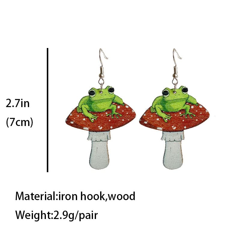 Unique Creative Cartoon Colorful Mushroom Cat Frog Drop Dangle Earring Handmade Lightweignt Wooden Moon Sun Star Earring for Women Cute Funny Holiday Gifts-A frog