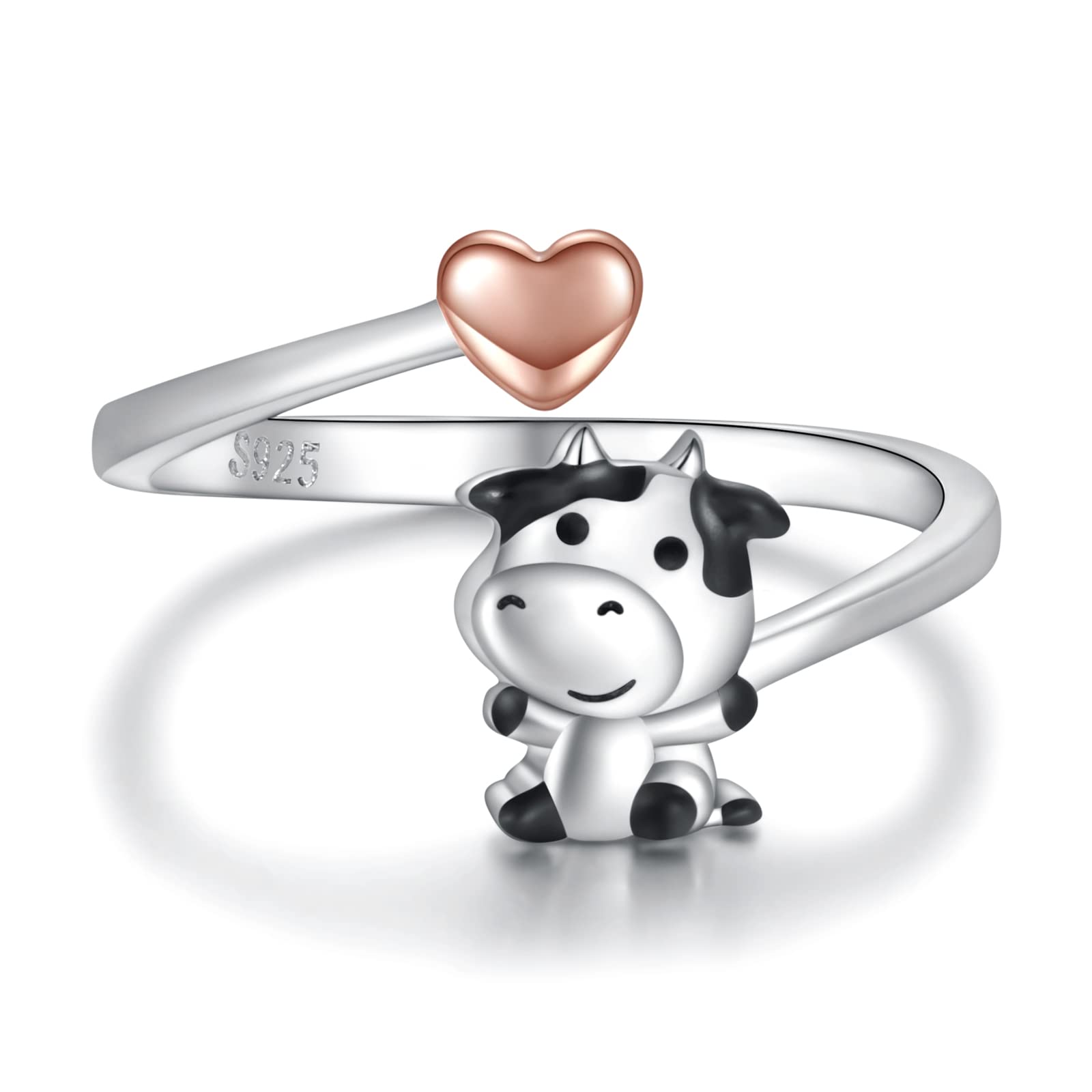 925 Sterling Silver Cow Cat Dinosaur Frog Butterfly Ring Adjustable Cute Cow Print Kitty Animal Lover Jewelry Gifts for Women Birthday (Cow)