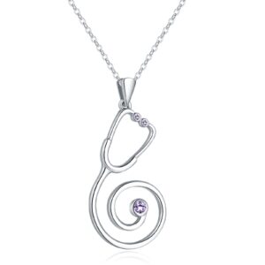 ring holder necklace for nurse - 925 sterling silver stethoscope necklaces bcirthstone medical jewelry for doctor nurse rn medical student graduation gifts for women (amethyst（june）)