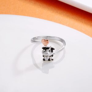 925 Sterling Silver Cow Cat Dinosaur Frog Butterfly Ring Adjustable Cute Cow Print Kitty Animal Lover Jewelry Gifts for Women Birthday (Cow)