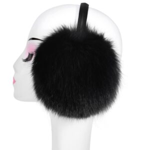 bibury real fox fur earmuffs with leather band, winter ear muffs, cold weather head warmer (black)