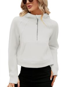 micoson half zip hoodies women long sleeve crop workout sweatshirt oversized sherpa fleece pullover thumb hole (white,l)