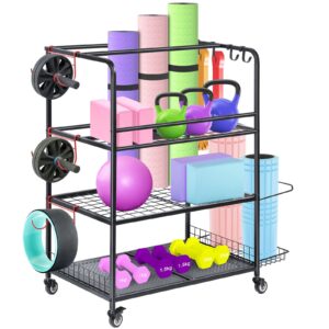 home gym storage rack, yoga mat storage racks workout storage weight rack for dumbbells kettlebells foam rollers yoga strap resistance bands, fitness equipment with hooks and wheels