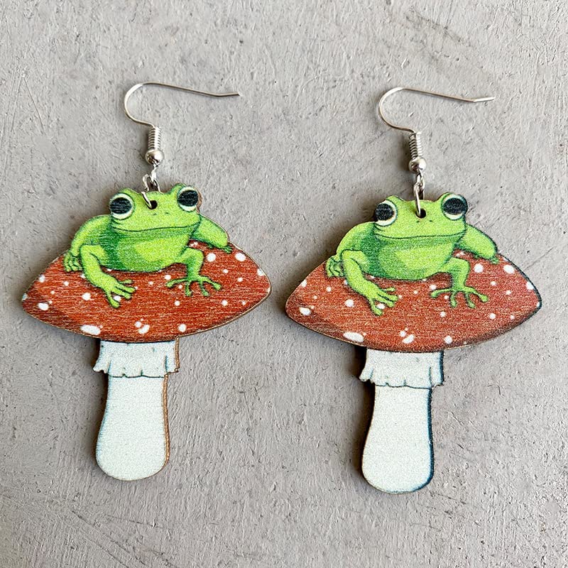 Unique Creative Cartoon Colorful Mushroom Cat Frog Drop Dangle Earring Handmade Lightweignt Wooden Moon Sun Star Earring for Women Cute Funny Holiday Gifts-A frog