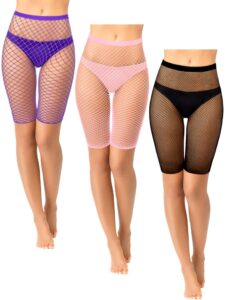 3 pairs fishnet high waisted shorts fishnet biker short elastic sporty see through mesh short leggings for women (black, pink, dark purple, black, coffee, gray)