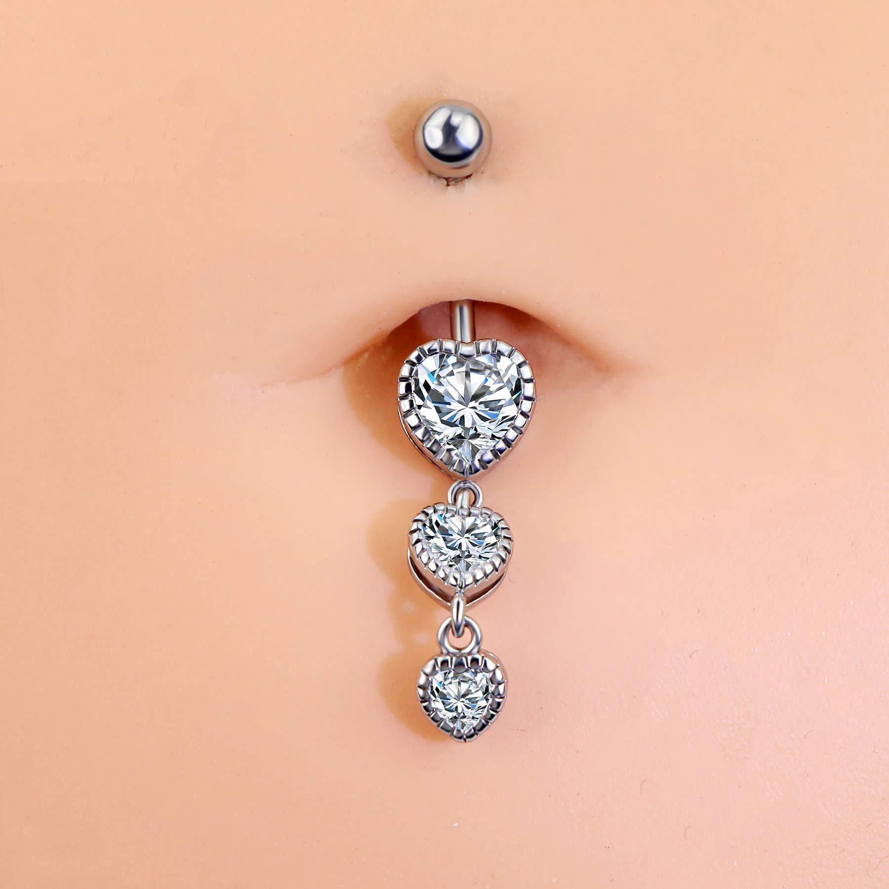 OUFER 3PCS Belly Button Rings, Heart Shaped Clear CZ Dangle Navel Rings, 316L Surgical Steel Belly Rings, Heart Dangle Belly Piercing Jewelry For Women And Men