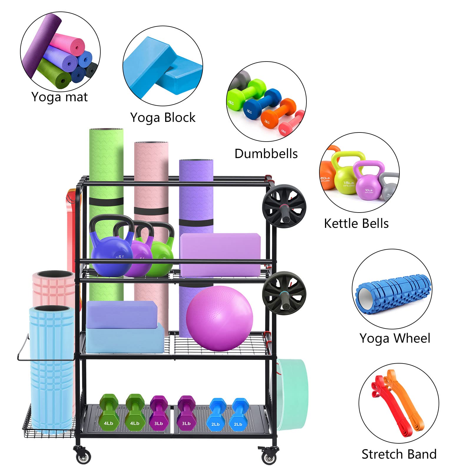 Home Gym Storage Rack, Yoga Mat Storage Racks Workout Storage Weight Rack for Dumbbells Kettlebells Foam Rollers Yoga Strap Resistance Bands, Fitness Equipment with Hooks and Wheels