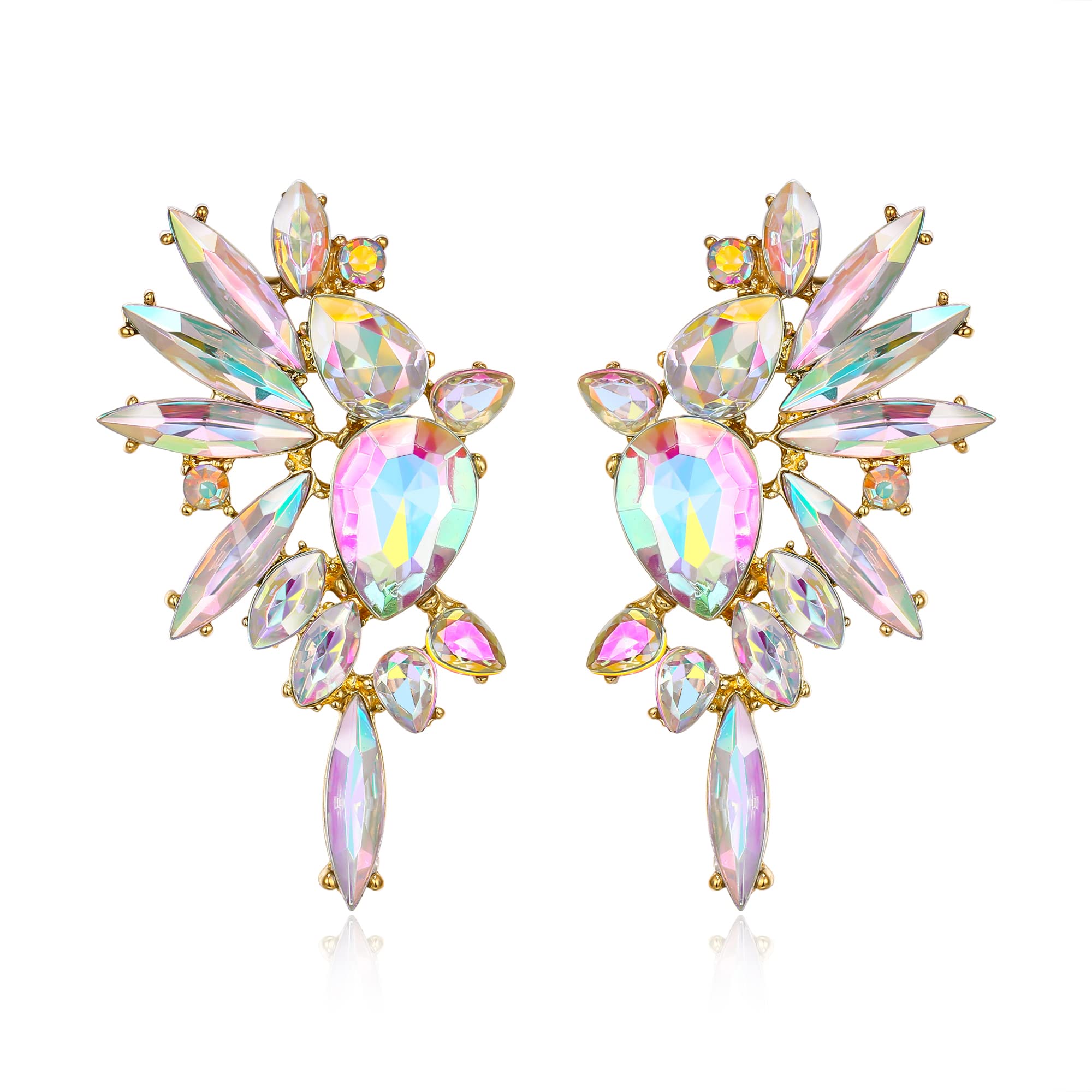 EVER FAITH Crystal Fashion Statement Earrings, Art Deco Marquise Drop Cluster Bridal Bling Colorful Dangle Earrings for Women Iridescent AB Gold-Tone