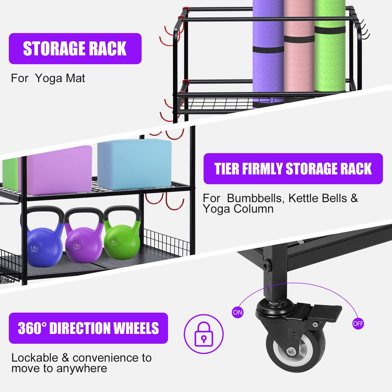 Home Gym Storage Rack, Yoga Mat Storage Racks Workout Storage Weight Rack for Dumbbells Kettlebells Foam Rollers Yoga Strap Resistance Bands, Fitness Equipment with Hooks and Wheels