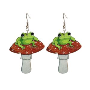 unique creative cartoon colorful mushroom cat frog drop dangle earring handmade lightweignt wooden moon sun star earring for women cute funny holiday gifts-a frog