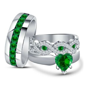 14k white gold over heart & round cut green emerald & diamond 925 sterling silver diamond wedding engagement trio ring set for his & her