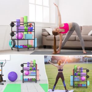 Home Gym Storage Rack, Yoga Mat Storage Racks Workout Storage Weight Rack for Dumbbells Kettlebells Foam Rollers Yoga Strap Resistance Bands, Fitness Equipment with Hooks and Wheels