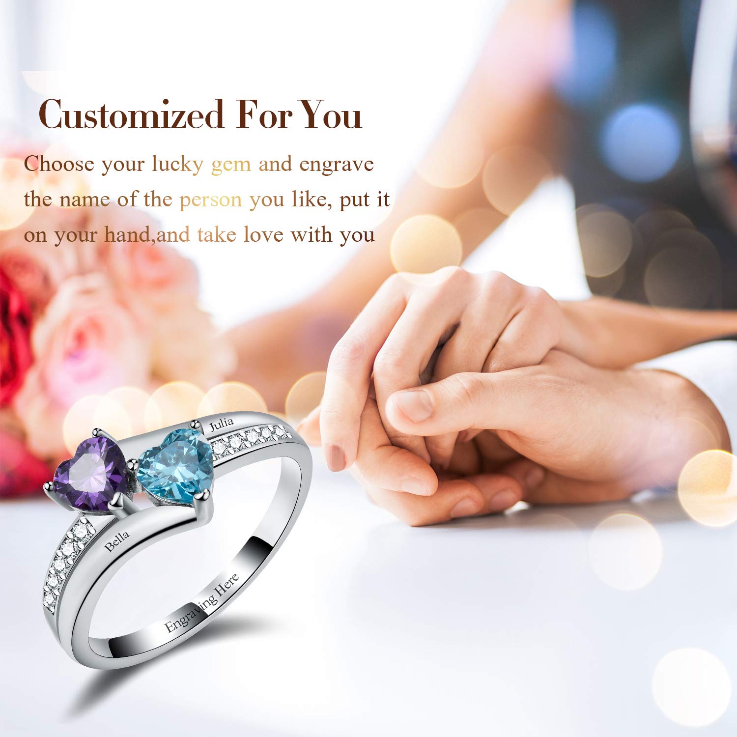 💖Mothers Day Gifts💖Madeone Promise Rings Engagement Rings 925 Sterling Silver 14K Gold Plated Anniversary Rings Wedding Bands Personalized Mother Ring with 2 Heart Birthstone 2 Names and 1 Engraving Customized Rings (7)