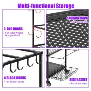 Home Gym Storage Rack, Yoga Mat Storage Racks Workout Storage Weight Rack for Dumbbells Kettlebells Foam Rollers Yoga Strap Resistance Bands, Fitness Equipment with Hooks and Wheels