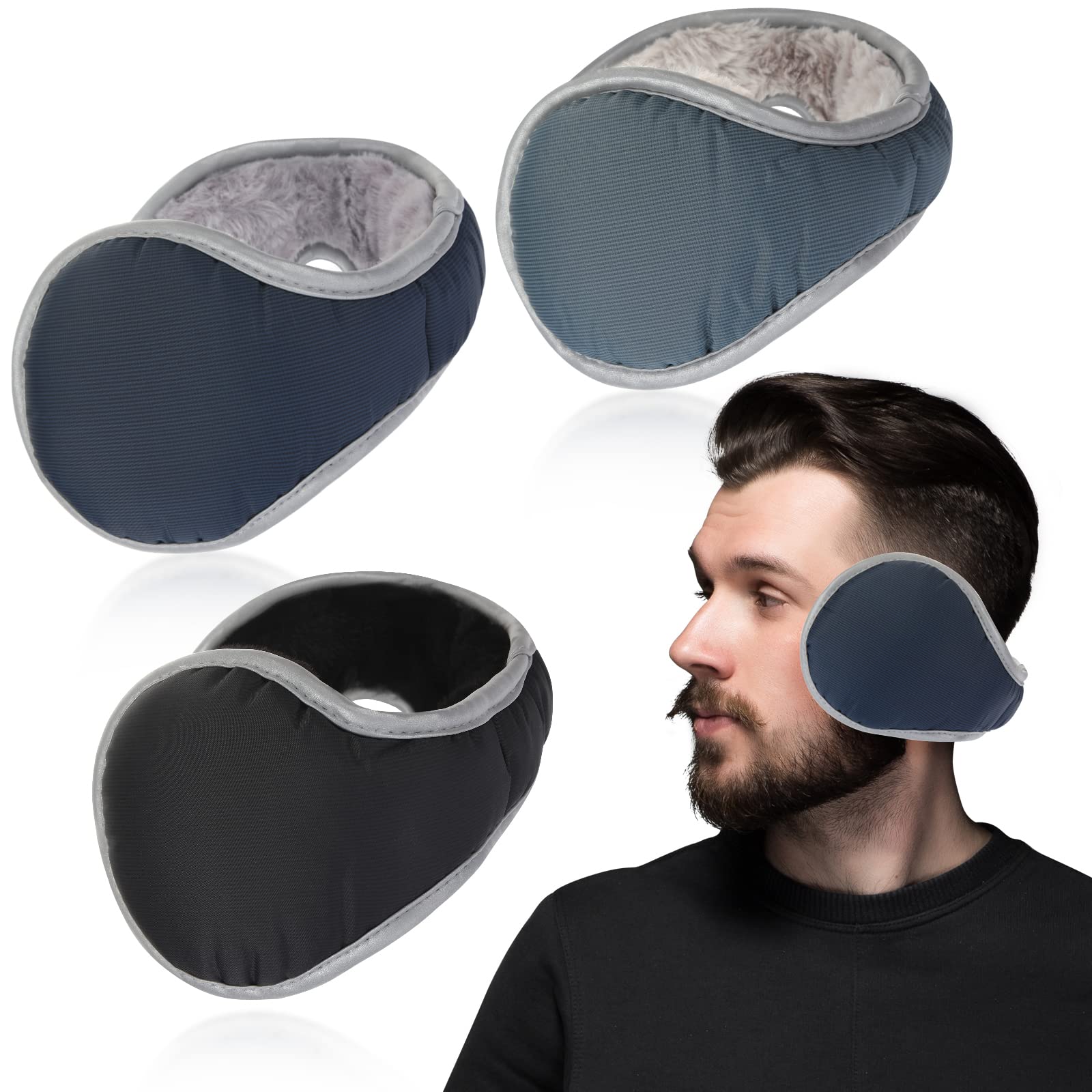 Zhehao 3 Pcs Winter Ear Muffs for Men Ear Warmers Waterproof Ear Covers with Reflective Stripe Unisex 3 Colors (black, Gray, Blue)