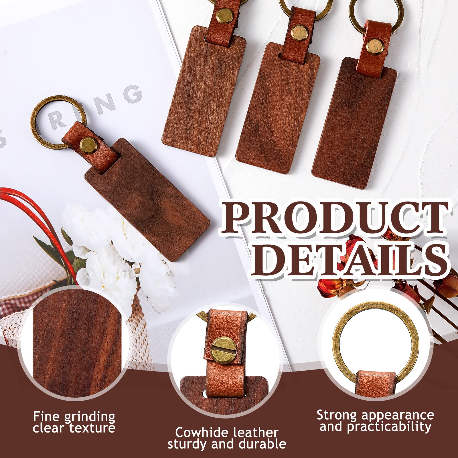 Kigeli 20 Packs Wooden Keychain Blanks Leather Wood Keychain Blank with Leather Strap Keyring for DIY Crafts Dad Mum(Classic Style)