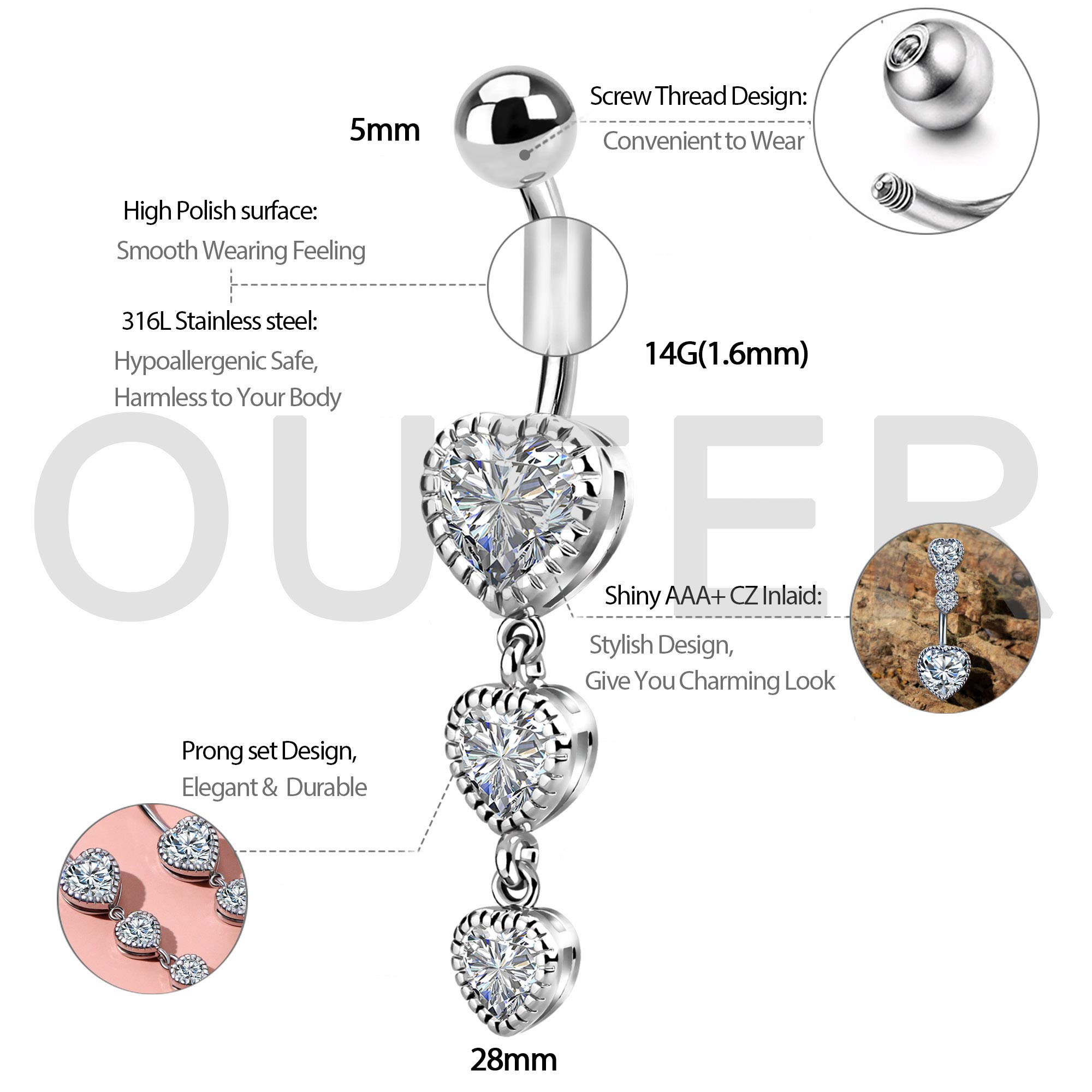 OUFER 3PCS Belly Button Rings, Heart Shaped Clear CZ Dangle Navel Rings, 316L Surgical Steel Belly Rings, Heart Dangle Belly Piercing Jewelry For Women And Men