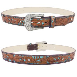 TOPACC Western Belts for Woman Cowgirl Brown Turquoise Cowboy Belt Bling Floral Rodeo Belt for Jeans Gilrs Country Concert Outfit