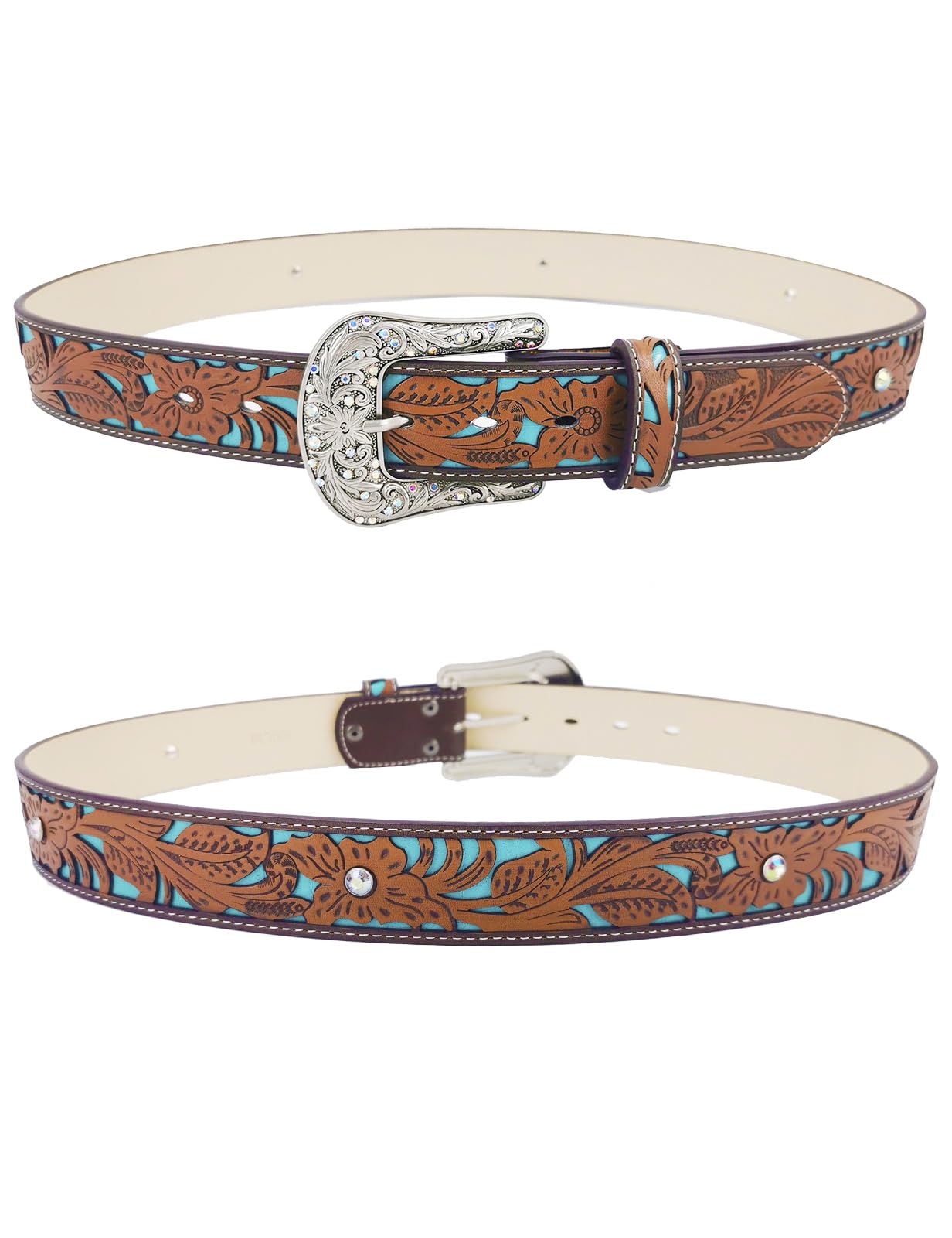 TOPACC Western Belts for Woman Cowgirl Brown Turquoise Cowboy Belt Bling Floral Rodeo Belt for Jeans Gilrs Country Concert Outfit