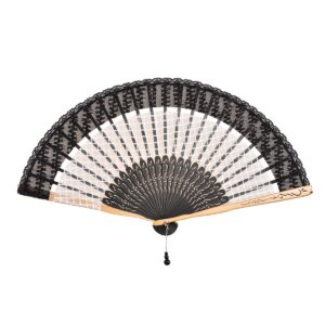 women lace folding fan vintage embroidery flower japanese elegant wooden hand fan for wedding party gift (black)