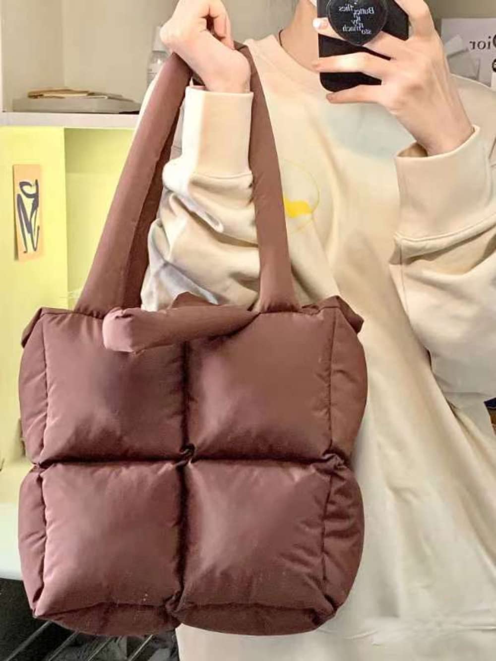 Puffer Tote Bag Women's Glossy Quilted Zipper Closure Puffy Tote Bag Down Padded Shoulder Bag Cute Handbag Aesthetic Handbag (Z-Brown)